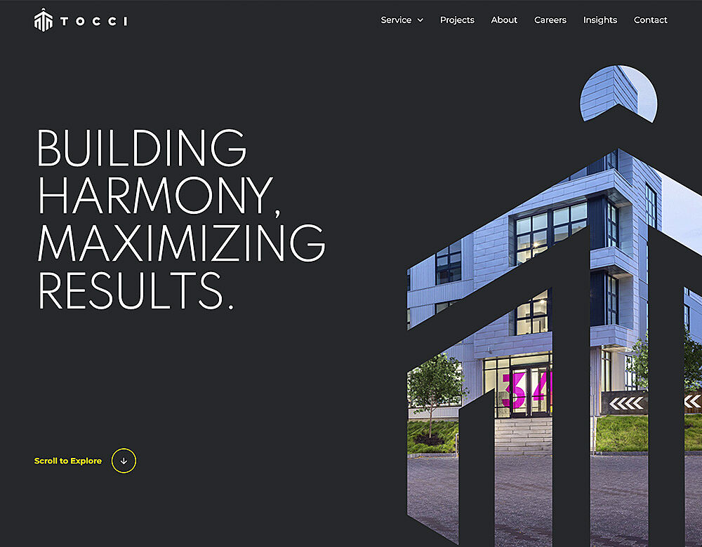 Tocci Construction Website Design Indigo Award winner 2023